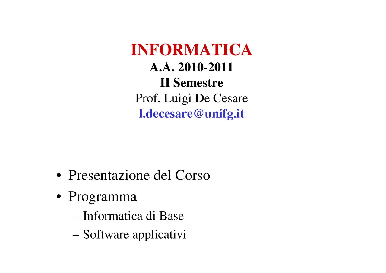 Panoramica Informatica - 2011 - Dispensa - De Cesare | Slide di Computer Science - Docsity