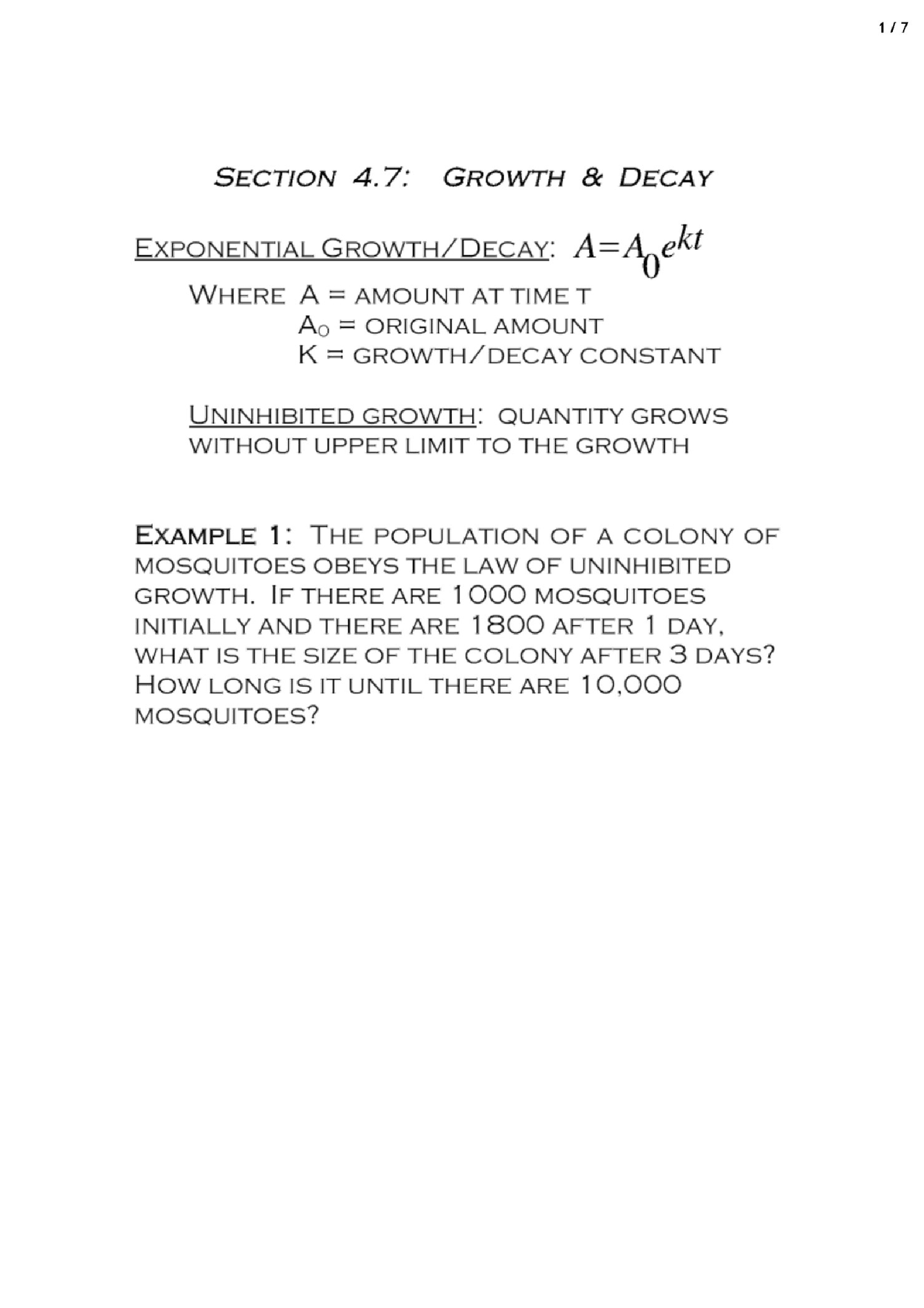 Growth and Decay - Intermediate Algebra - Lecture Handout - Docsity