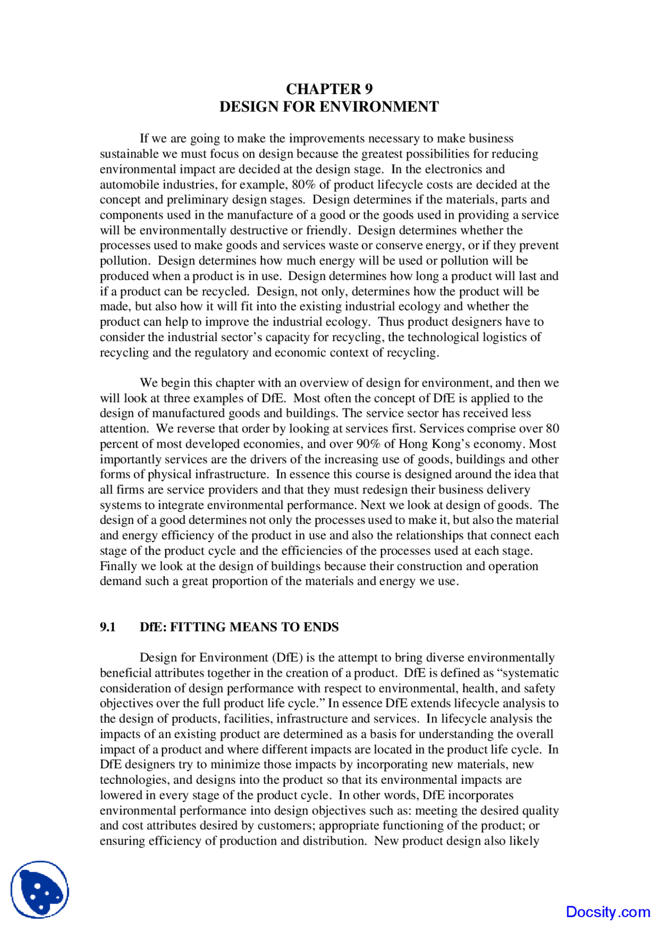 Design For Environment Environment And Business Lecture Notes Docsity