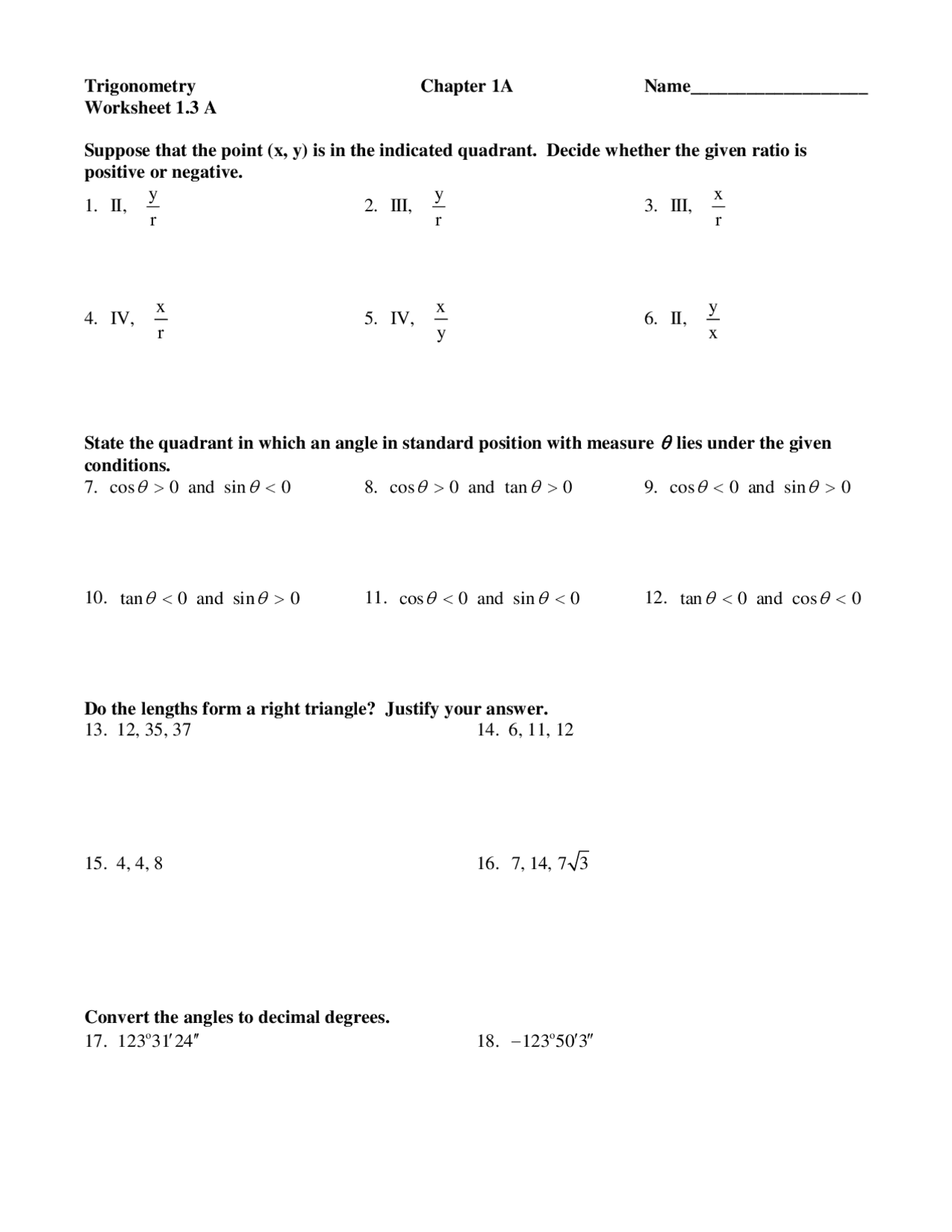 Indicated Quadrant Trignometry Practice Problems Docsity