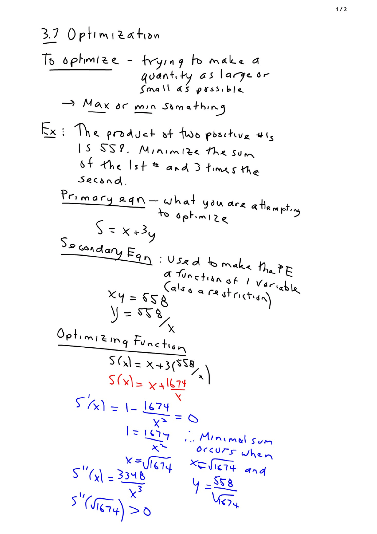 Optimization Ap Calculus Bc Lecture Notes Docsity