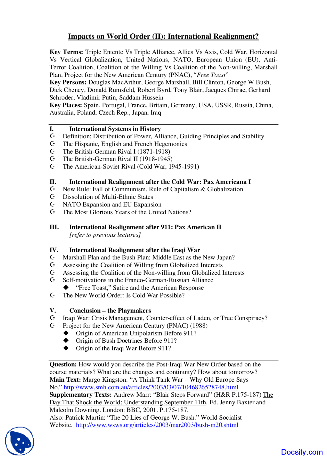 International Realignment The Post World War Lecture Notes Docsity