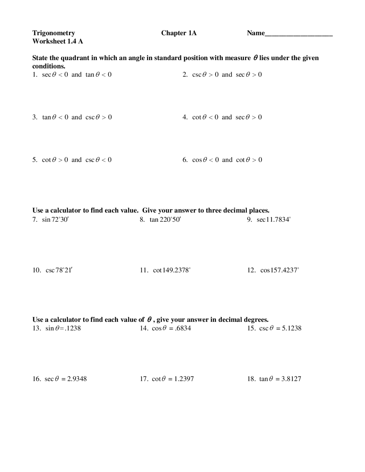 Inequality Problem Functions Trignometry Practice Problems Docsity