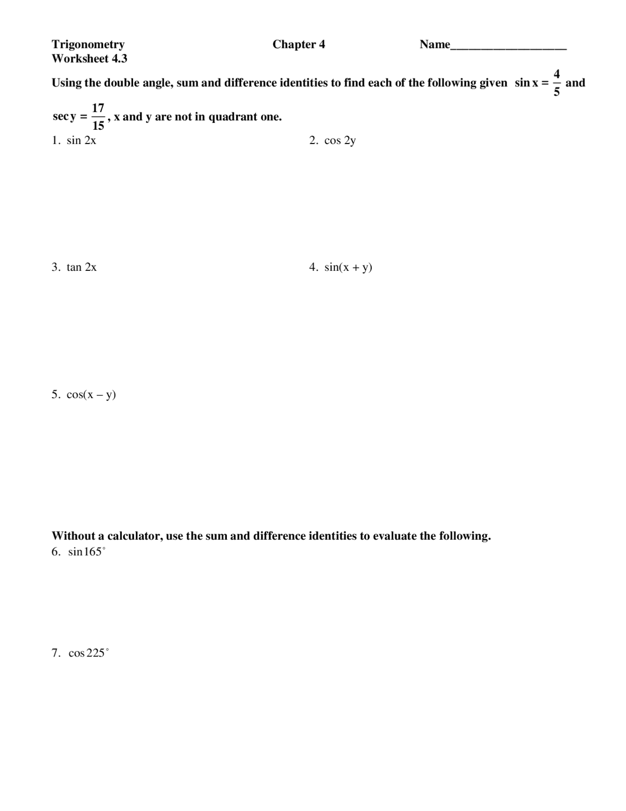Sum And Difference In Identities Trignometry Practice Problems
