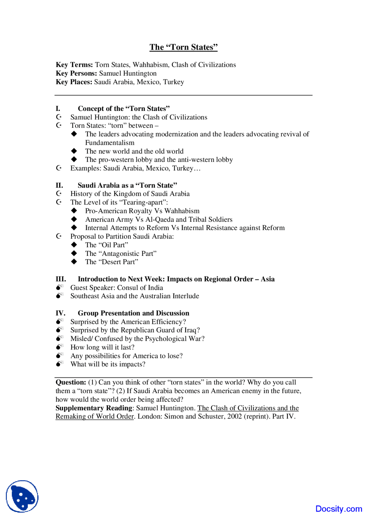 Torn State The Post World War Lecture Notes Docsity