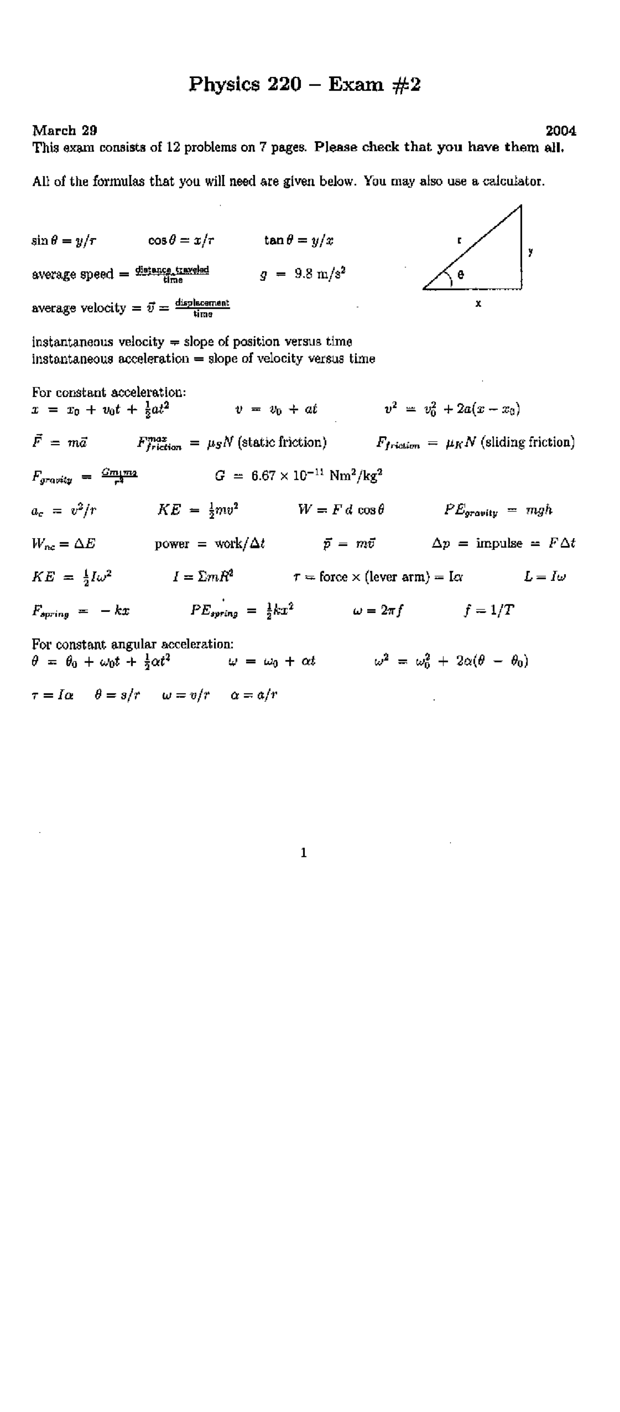 Frictionless Model - General Physics - Past Exam - Docsity