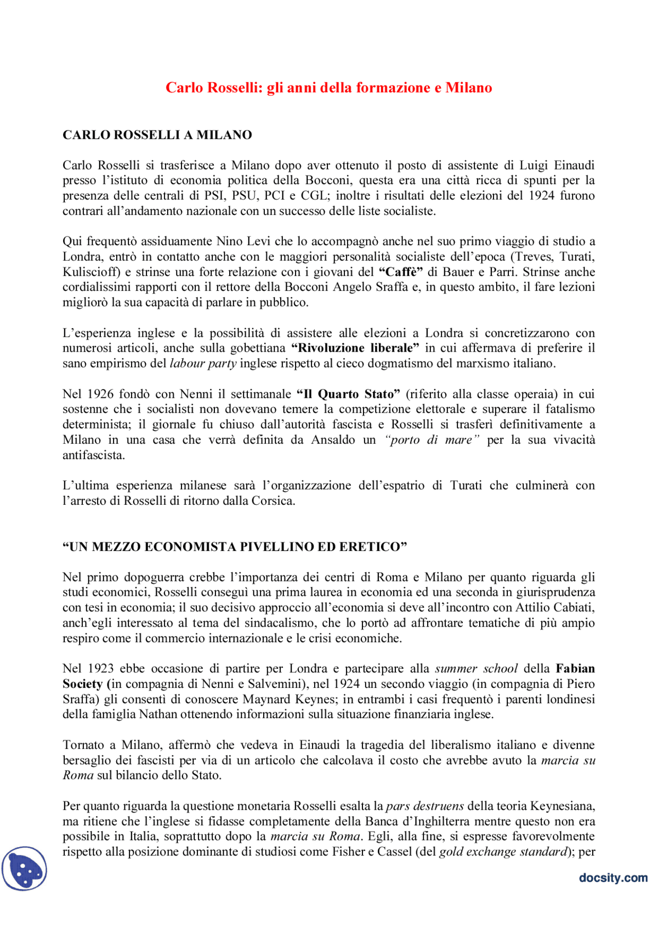 Parte Monografica Carlo Rosselli Docsity