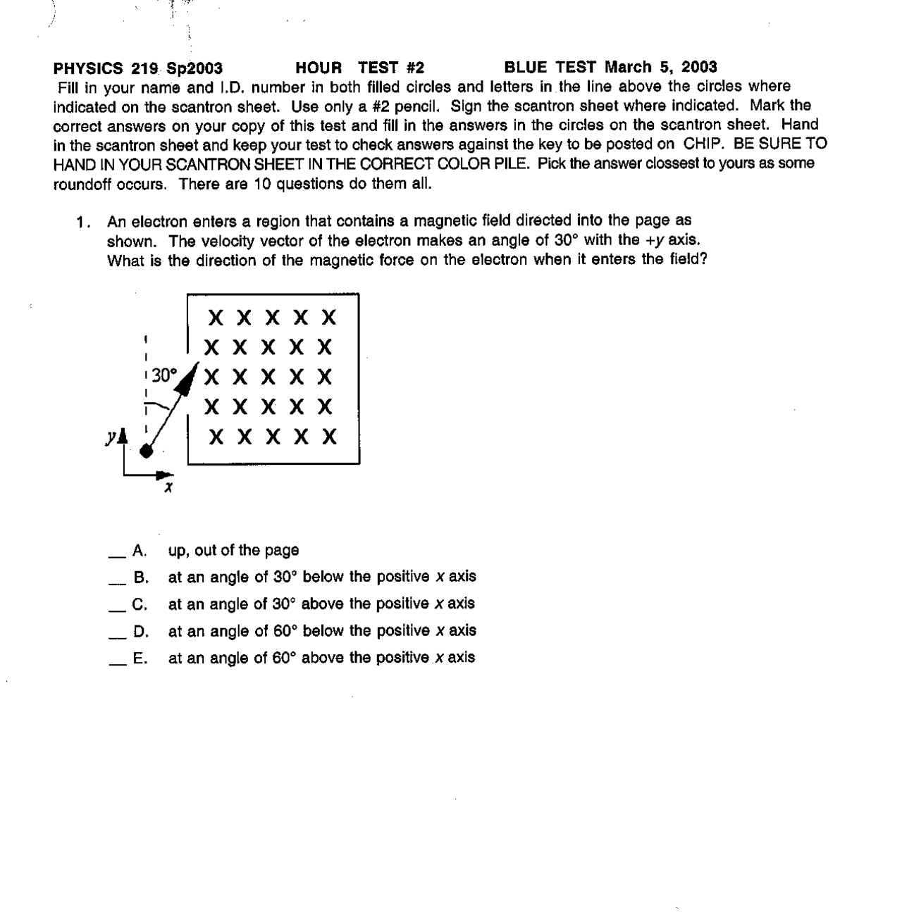 Velocity Vector Of Electron General Physics Past Exam Docsity