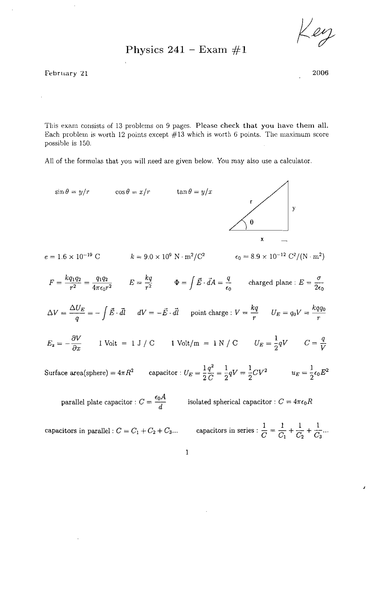 Radius of Sphere - Electricity and Optics - Exam Paper - Docsity