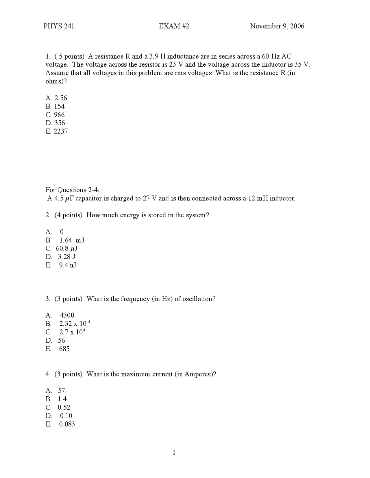 Voltage Across Resistor - Electricity and Optics - Exam Paper - Docsity