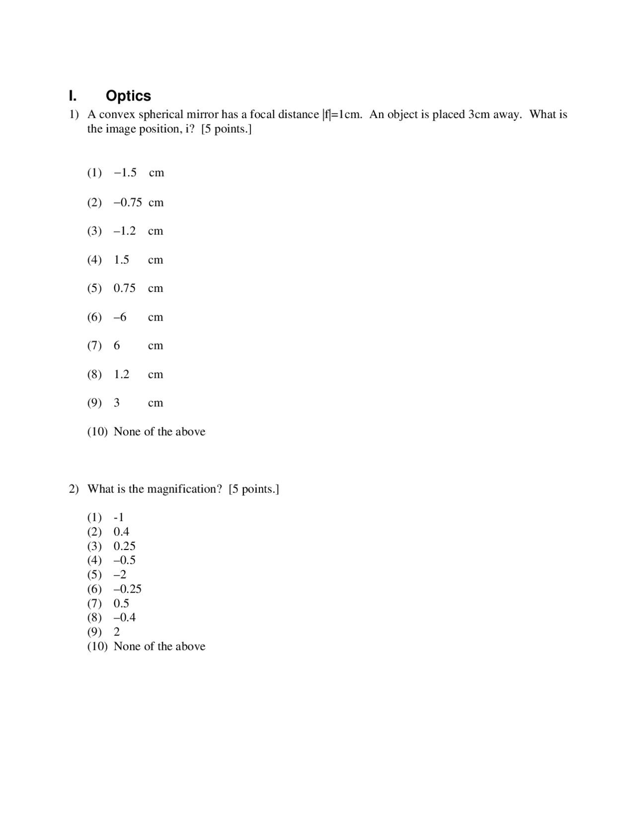 Convex Spherical Mirror Electricity And Optics Exam Paper Docsity