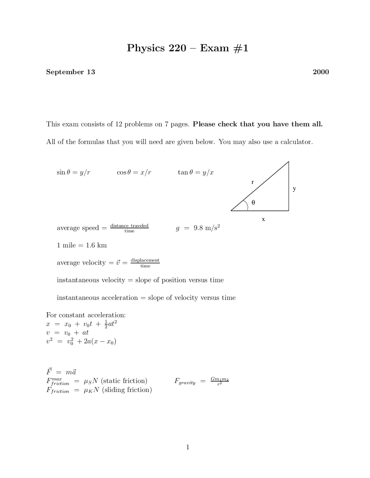 Initial Velocity - General Physics - Past Exam | Exams Physics | Docsity
