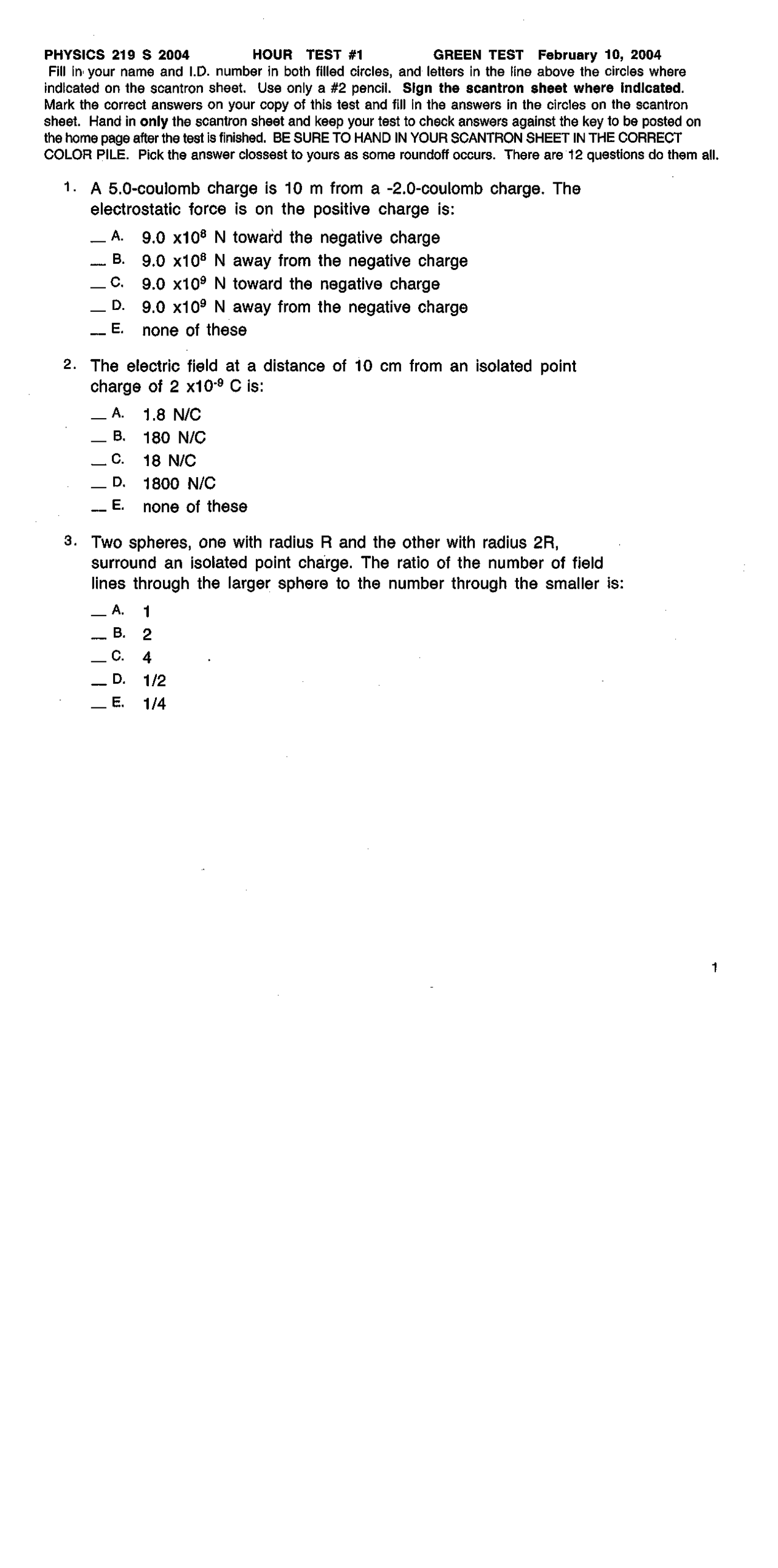Electrostatic Force General Physics Past Exam Docsity