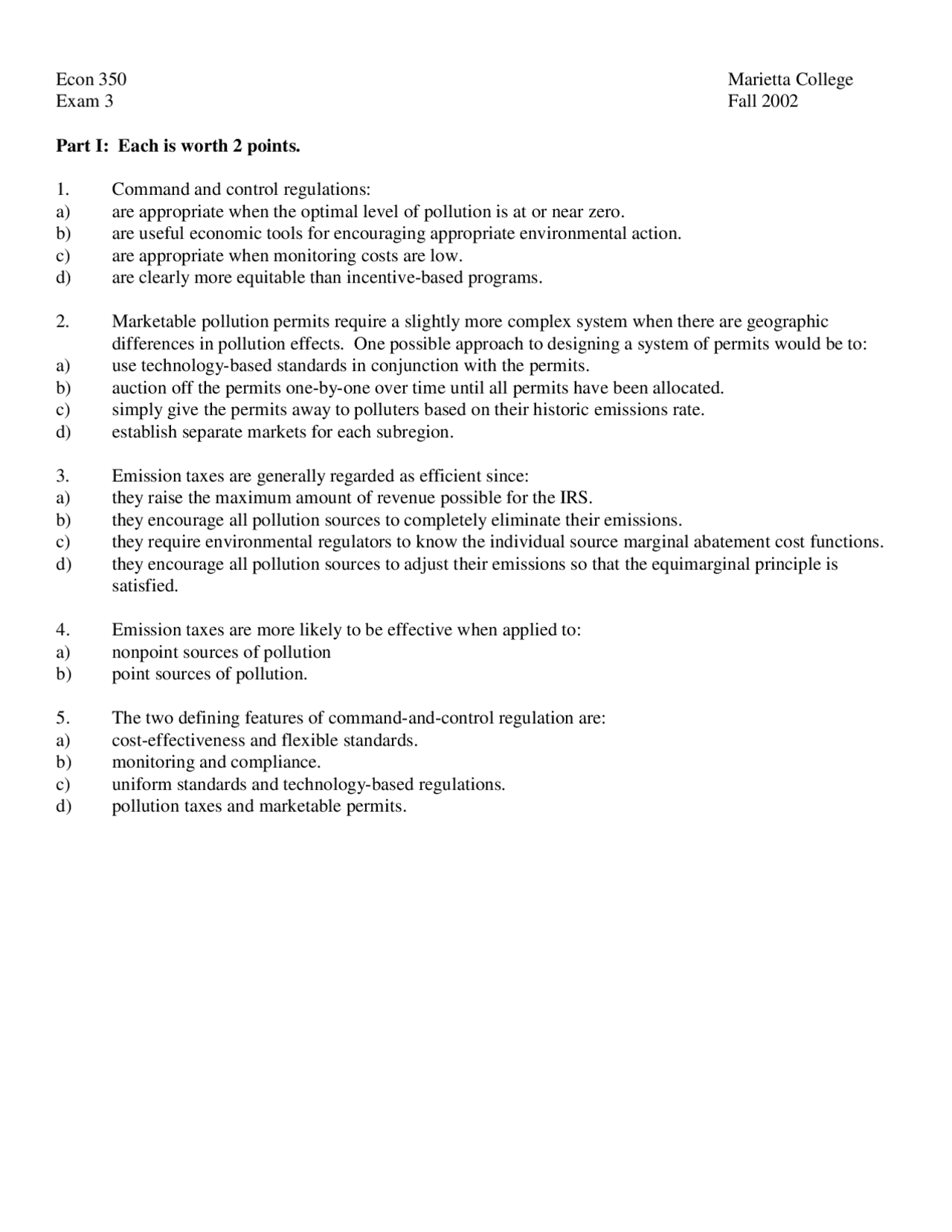 Command and Control Regulations - Environmental Economics - Exam - Docsity