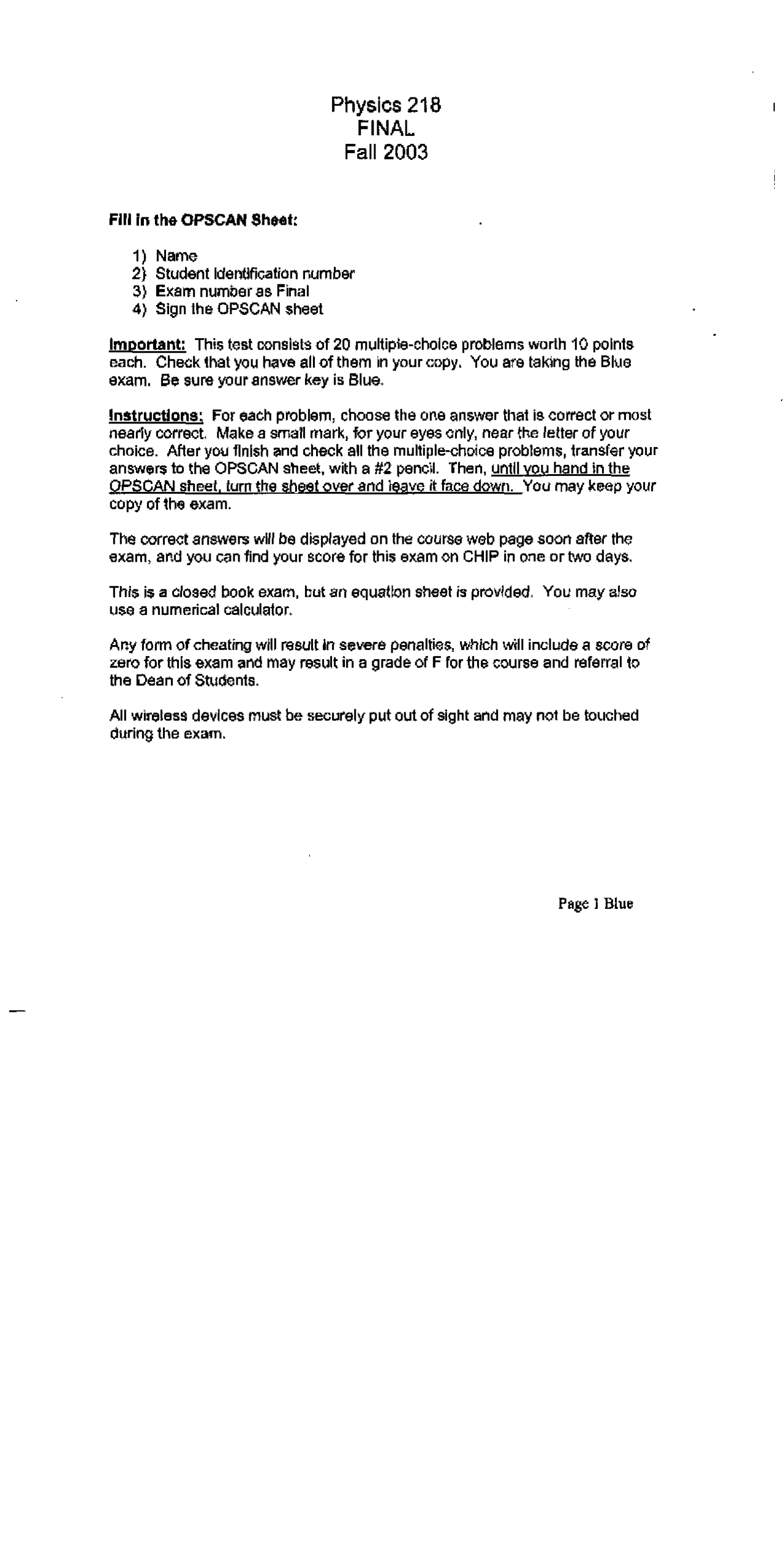 Constant Angular Velocity - General Physics - Past Exam - Docsity