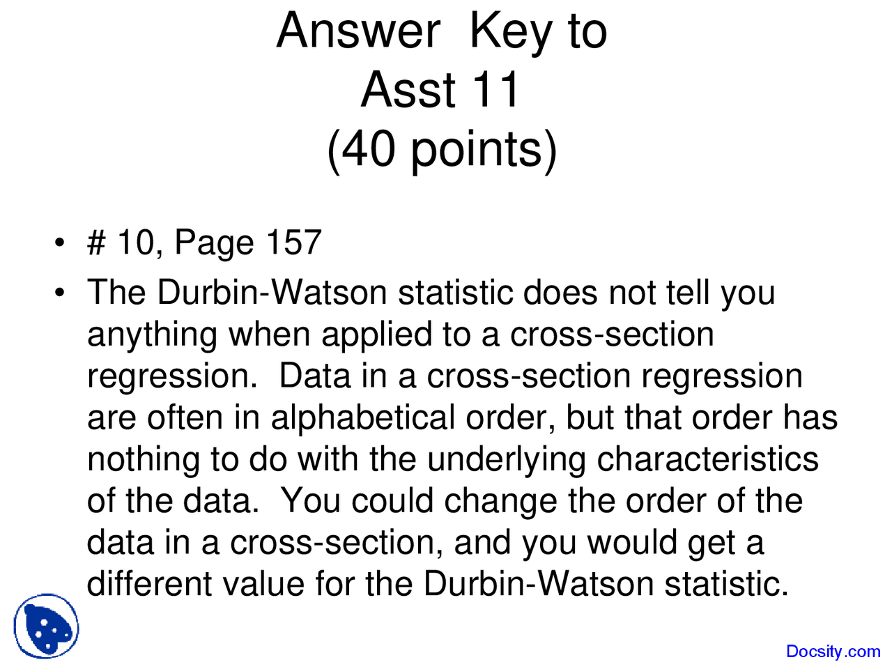 Durbin Watson Statistic - Applied Regression Analysis - Lecture Slides - Docsity