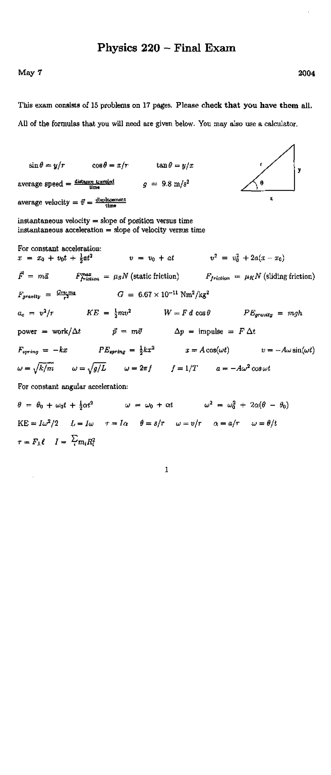 Air Resistance - General Physics - Past Exam - Docsity