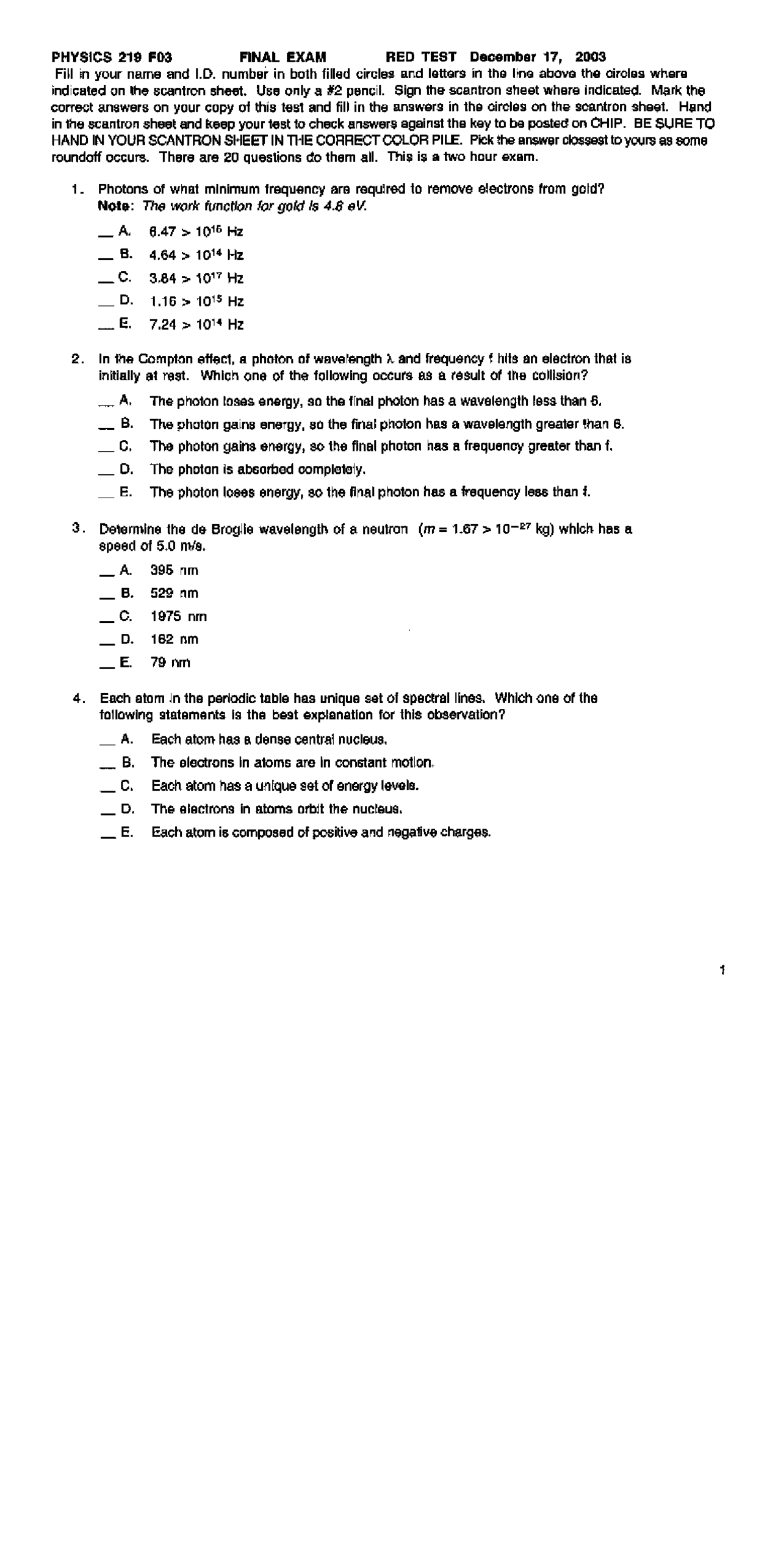 Compton Effect - General Physics - Past Exam - Docsity