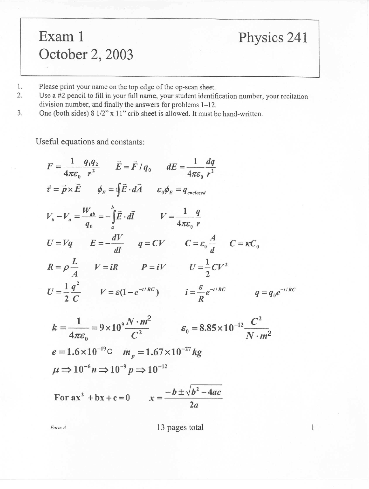 Charged Particles - Electricity and Optics - Solved Exam | Exams Electrical Engineering | Docsity