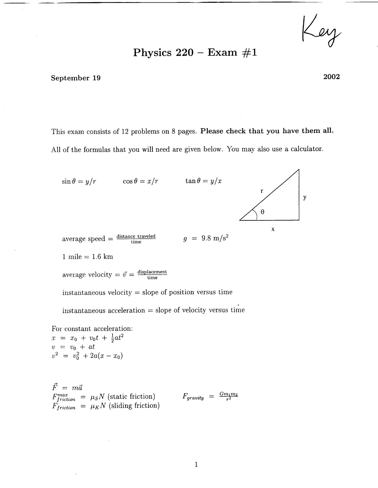 Height of Bridge - General Physics - Past Exam - Docsity