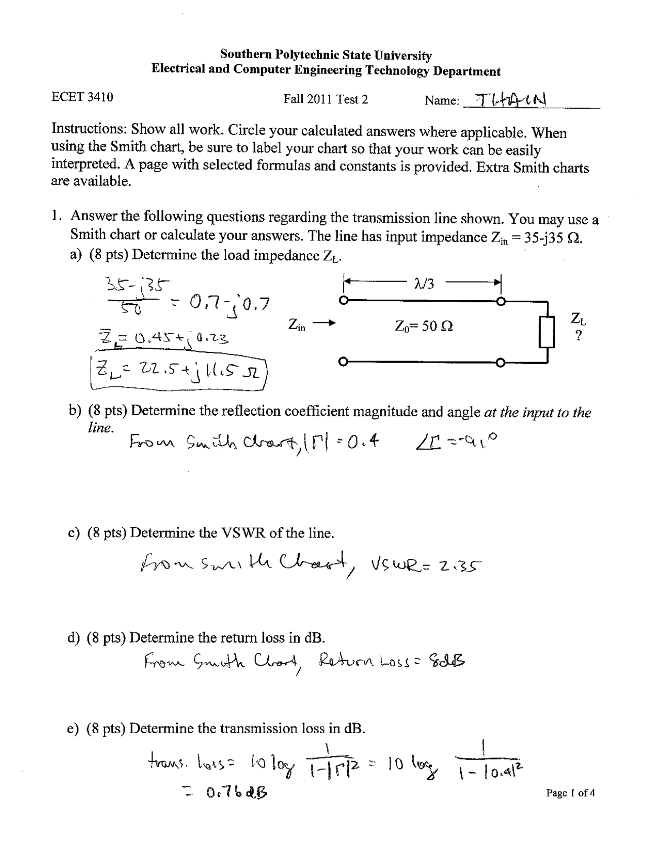 8 Solved Questions On Complete Smith Chart Exam 2 Ecet 3410 Docsity