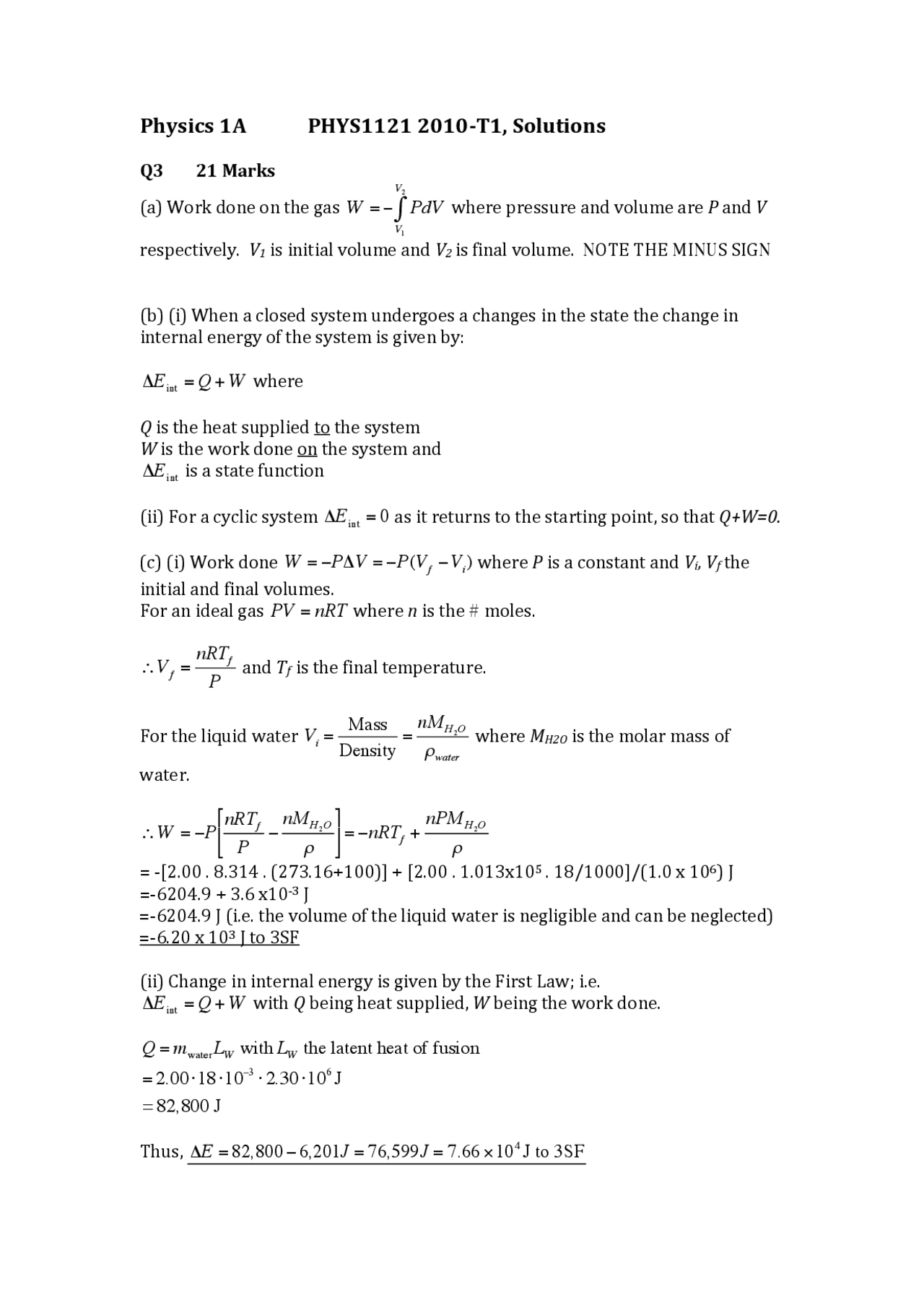 Internal Energy Of System Physics Solved Paper Docsity