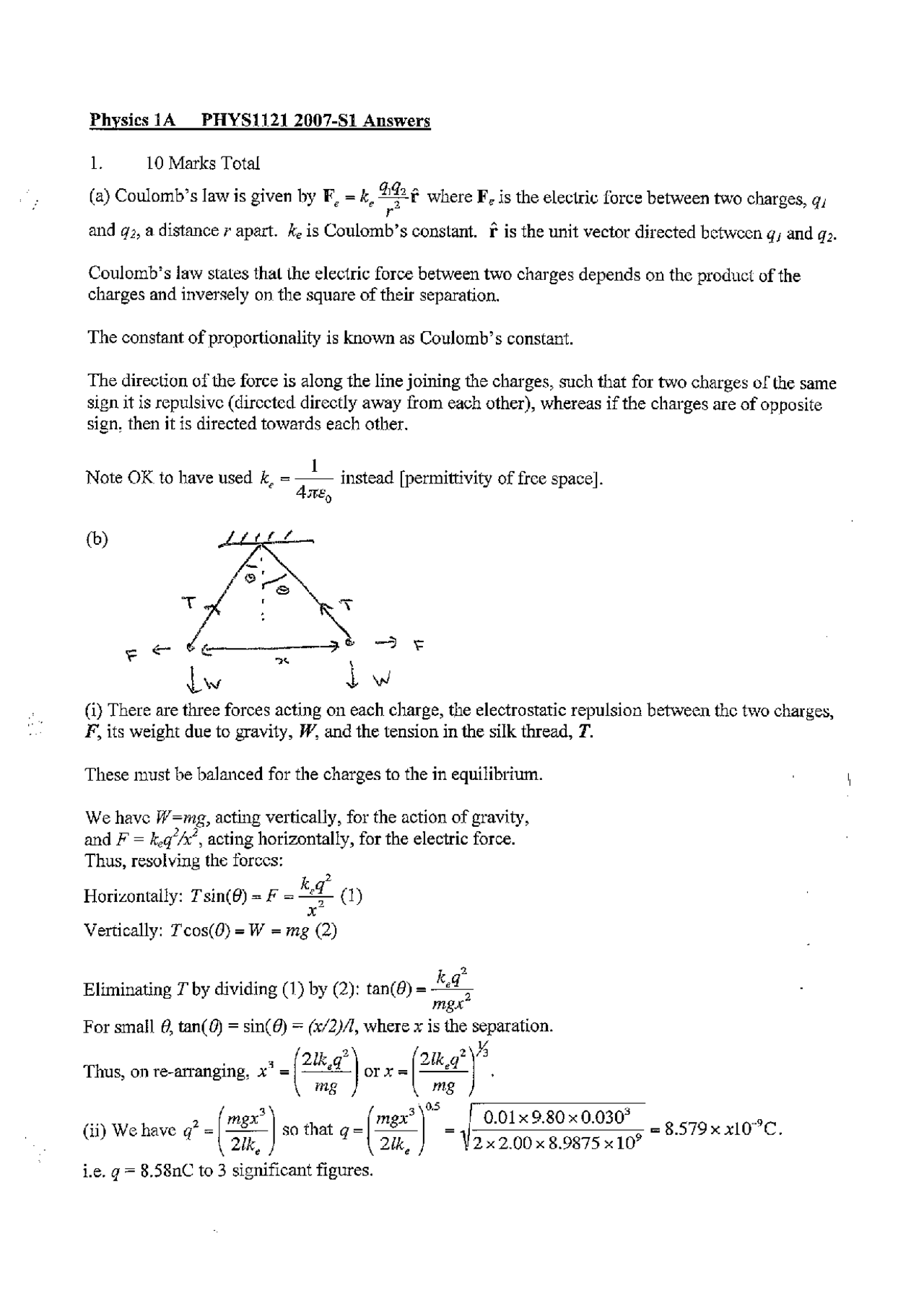 Coulomb Constant - Physics - Exam Paper - Docsity