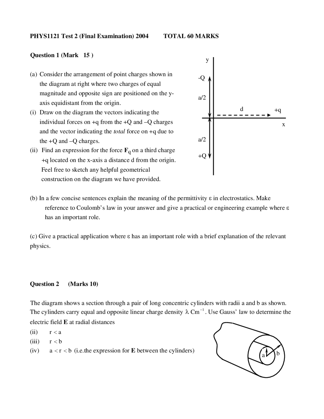 Arrangement of Point Charges - Physics - Exam Paper - Docsity