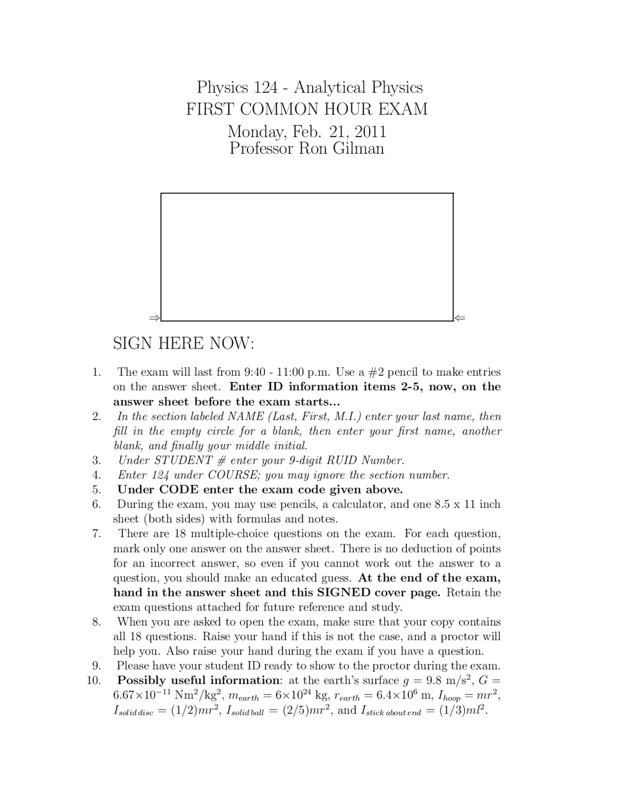 Physics 124 - Analytical Physics Exam Questions | Exams Physics | Docsity