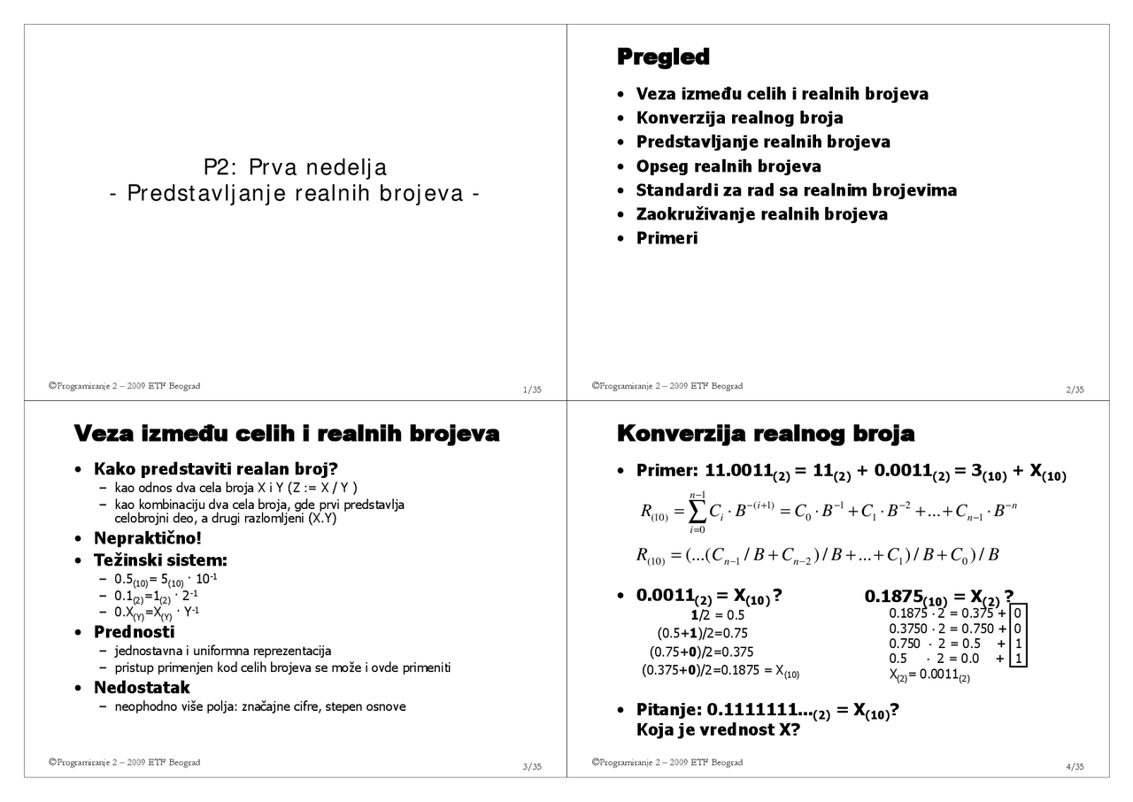 Realni brojevi-Vezbe-Programiranje 2-Inzenjerstvo | Vežbe' predlog Programiranje - Docsity