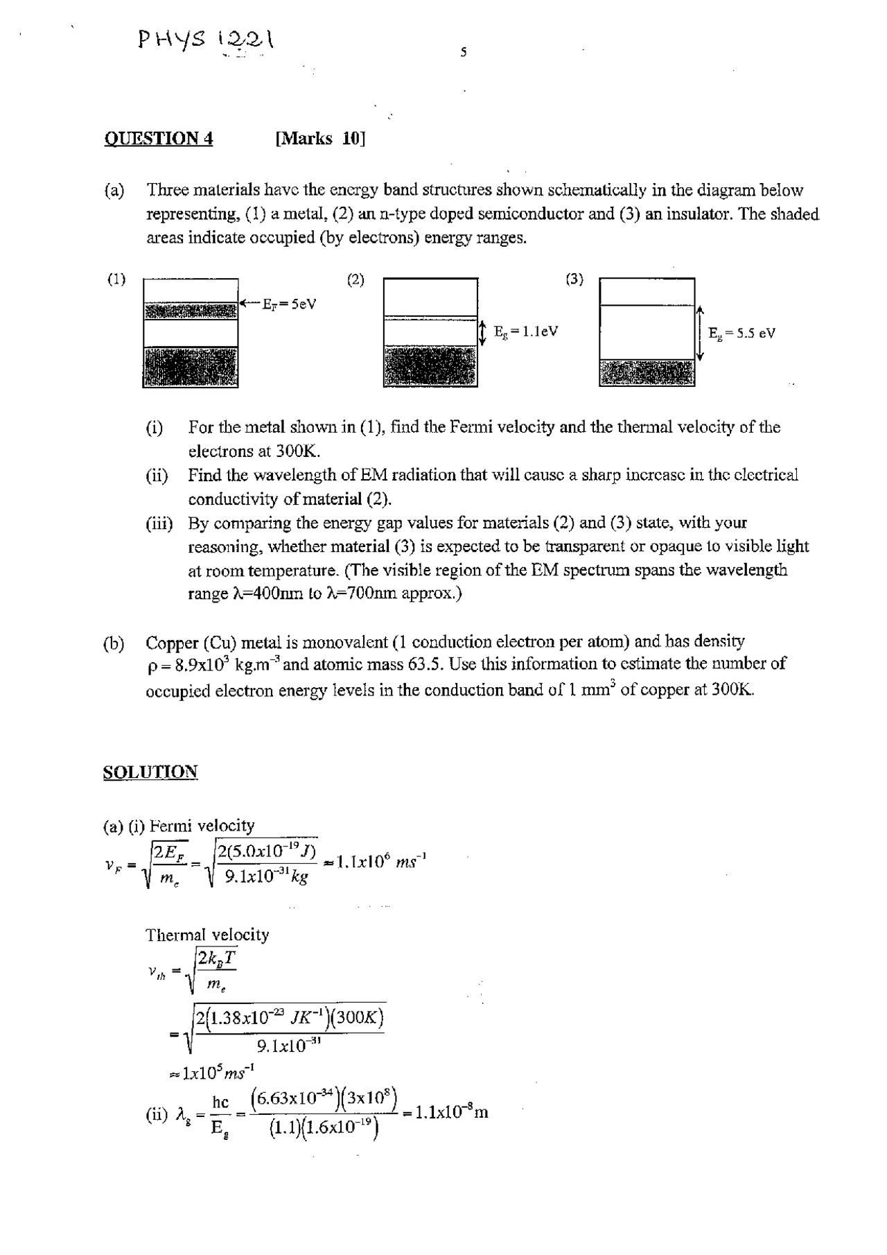 Energy Band Structures - Physics - Exam Paper - Docsity
