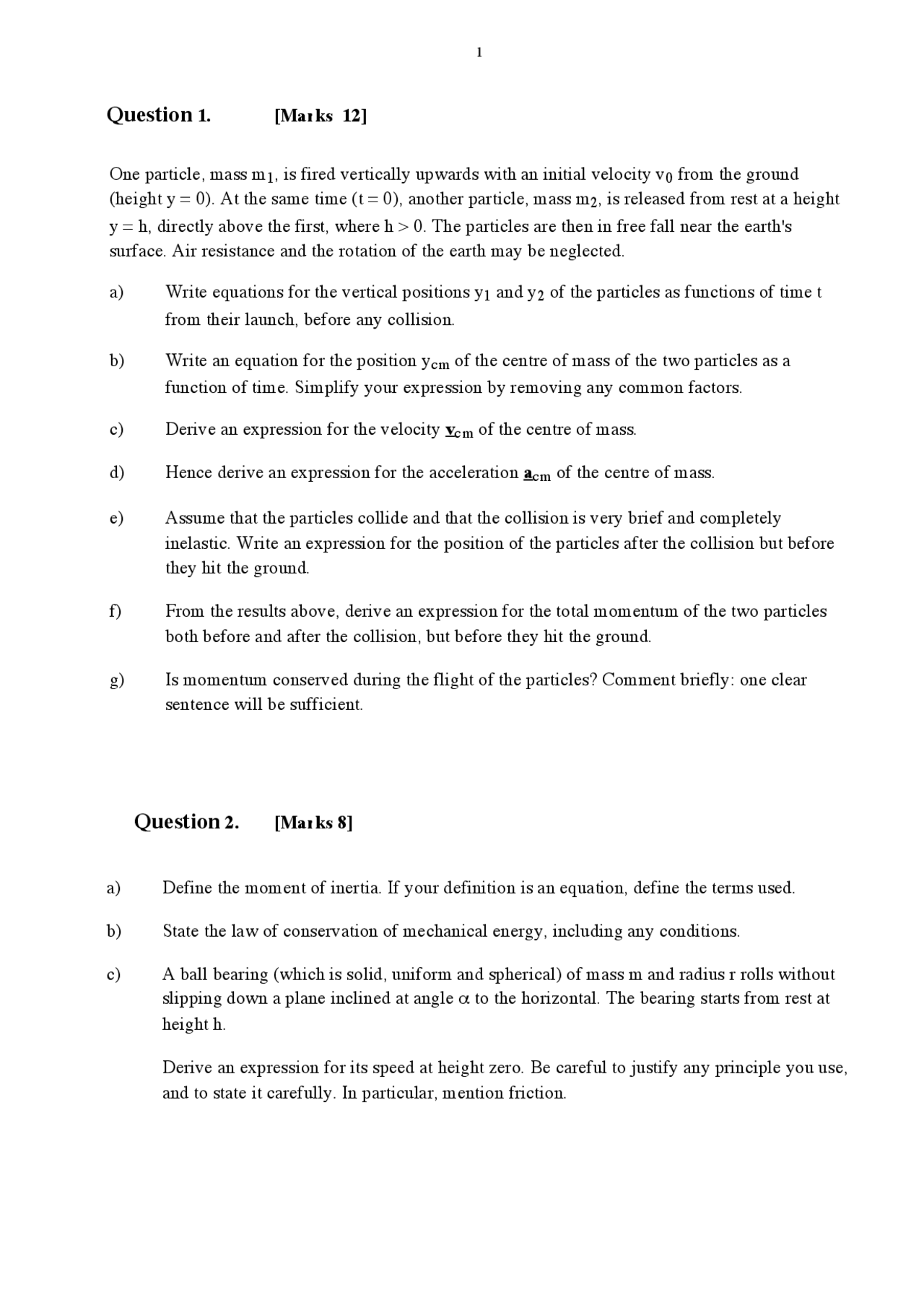 Vertical Positions - Physics - Exam Paper | Exams Physics | Docsity
