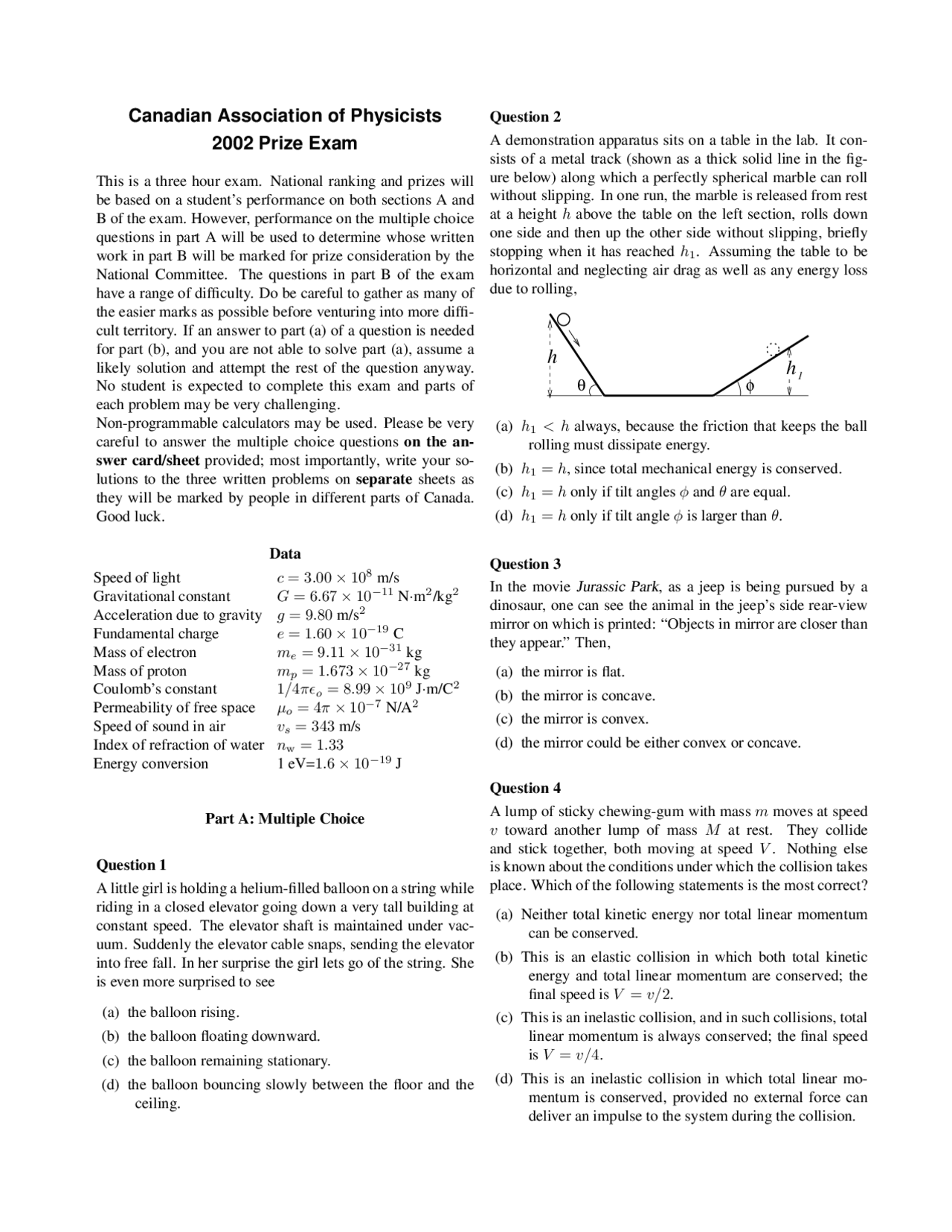 Demonstration Apparatus - Physics - Exam Paper - Docsity