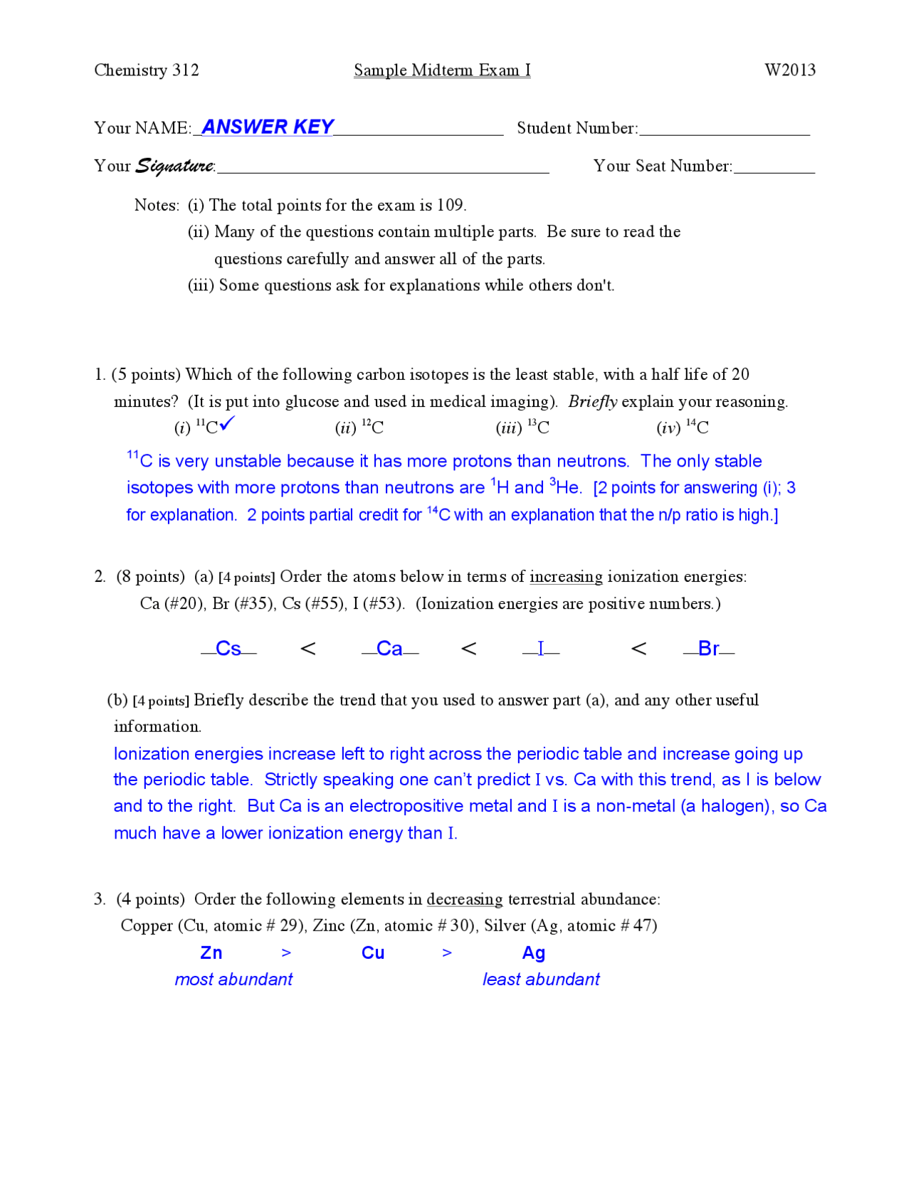 Sample Midterm Exam 1 For Inorganic Chemistry Chem 312 Docsity