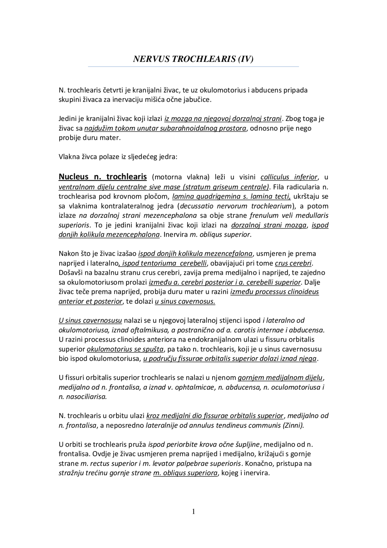NERVUS TROCHLEARIS | Beleške' predlog Anatomija čoveka - Docsity