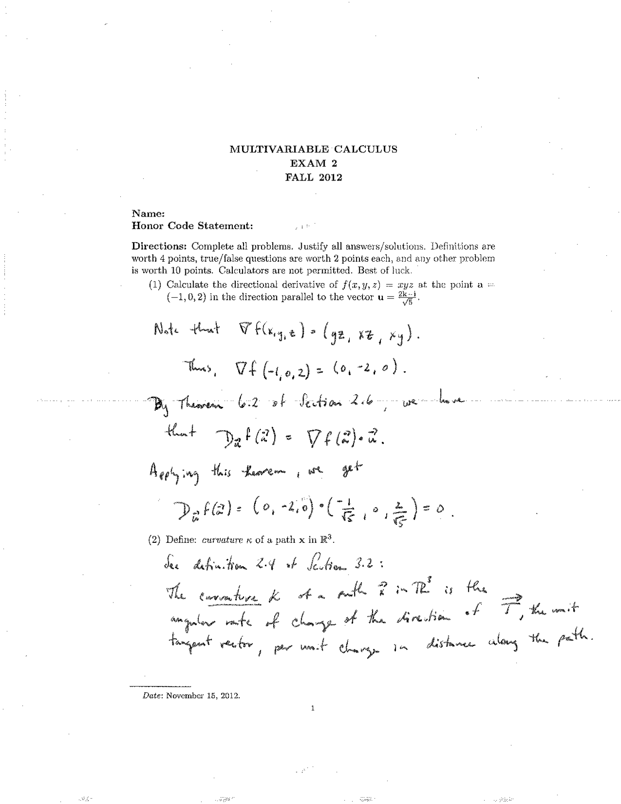 Directional Derivative Multivariable Calculus Solved Past Paper