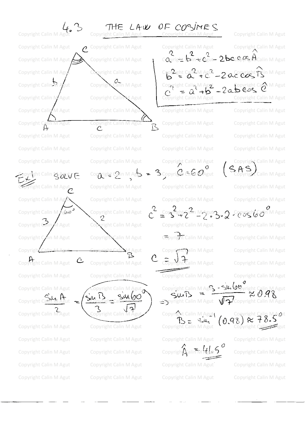 Law Of Cosines Trigonometry Lecture Notes Docsity