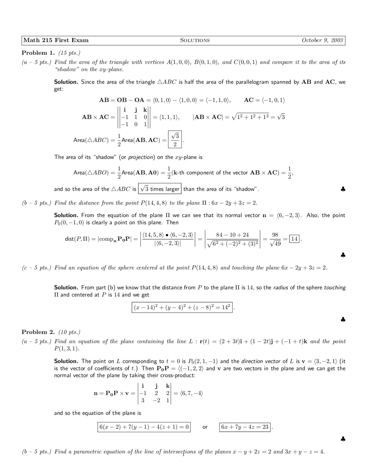 Area Of Triangle Multivariable Calculus Solved Past Paper Docsity