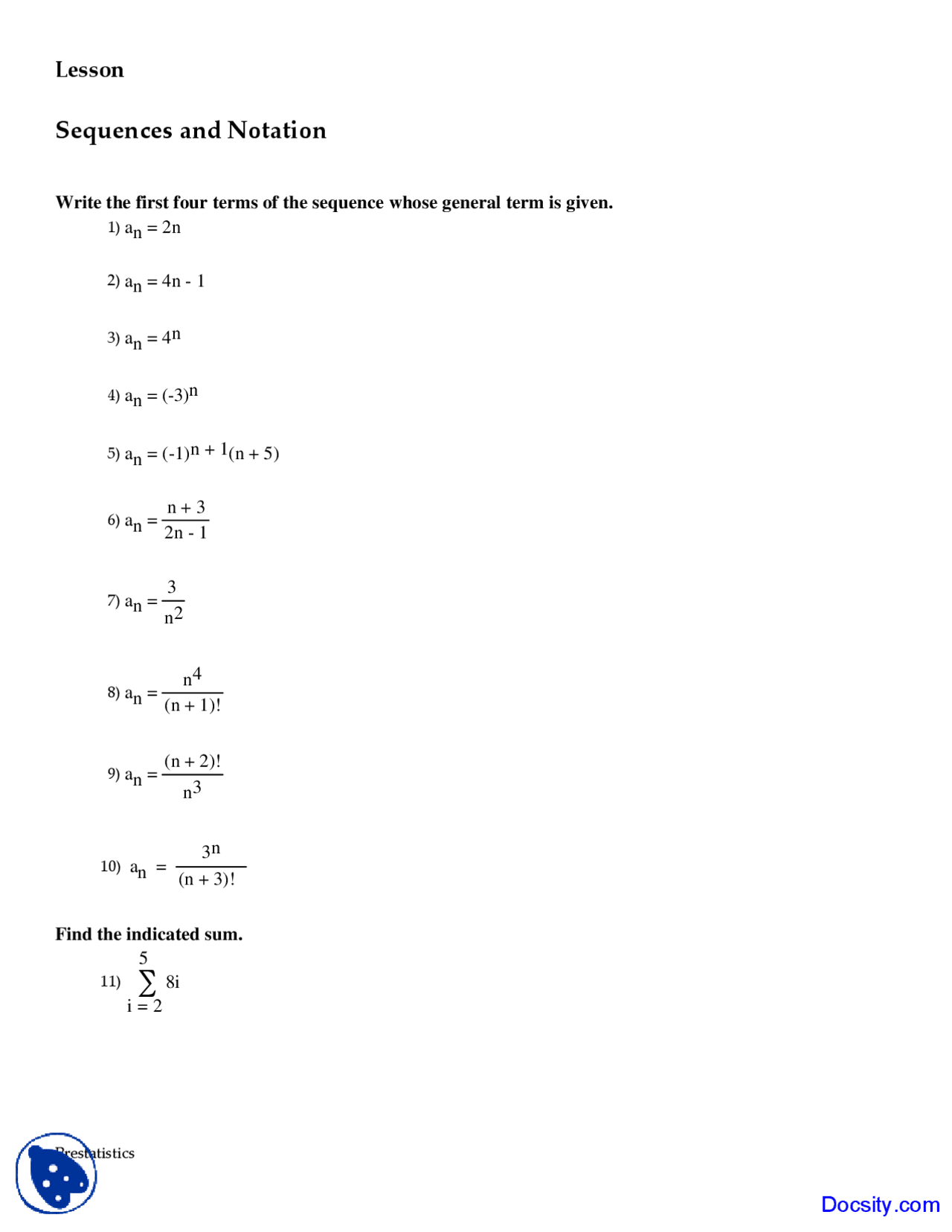 Sequences And Notation Statistics Exercise Docsity