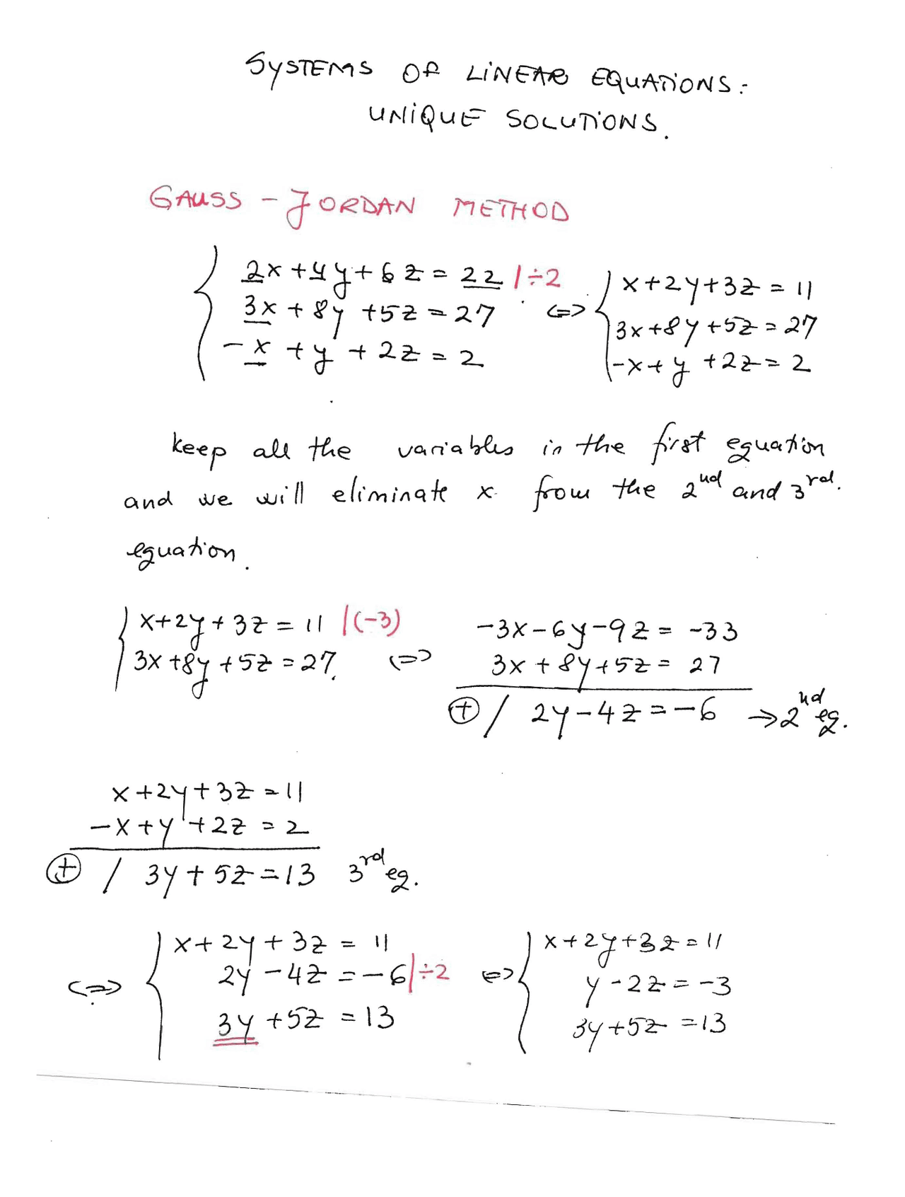 Unique Solution Finite Mathematics Lecture Notes Docsity