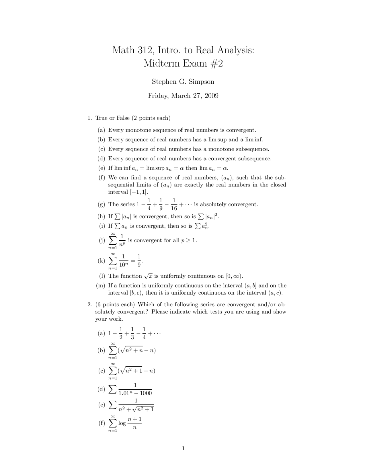 Monotone Sequence Real Analysis Exam Docsity