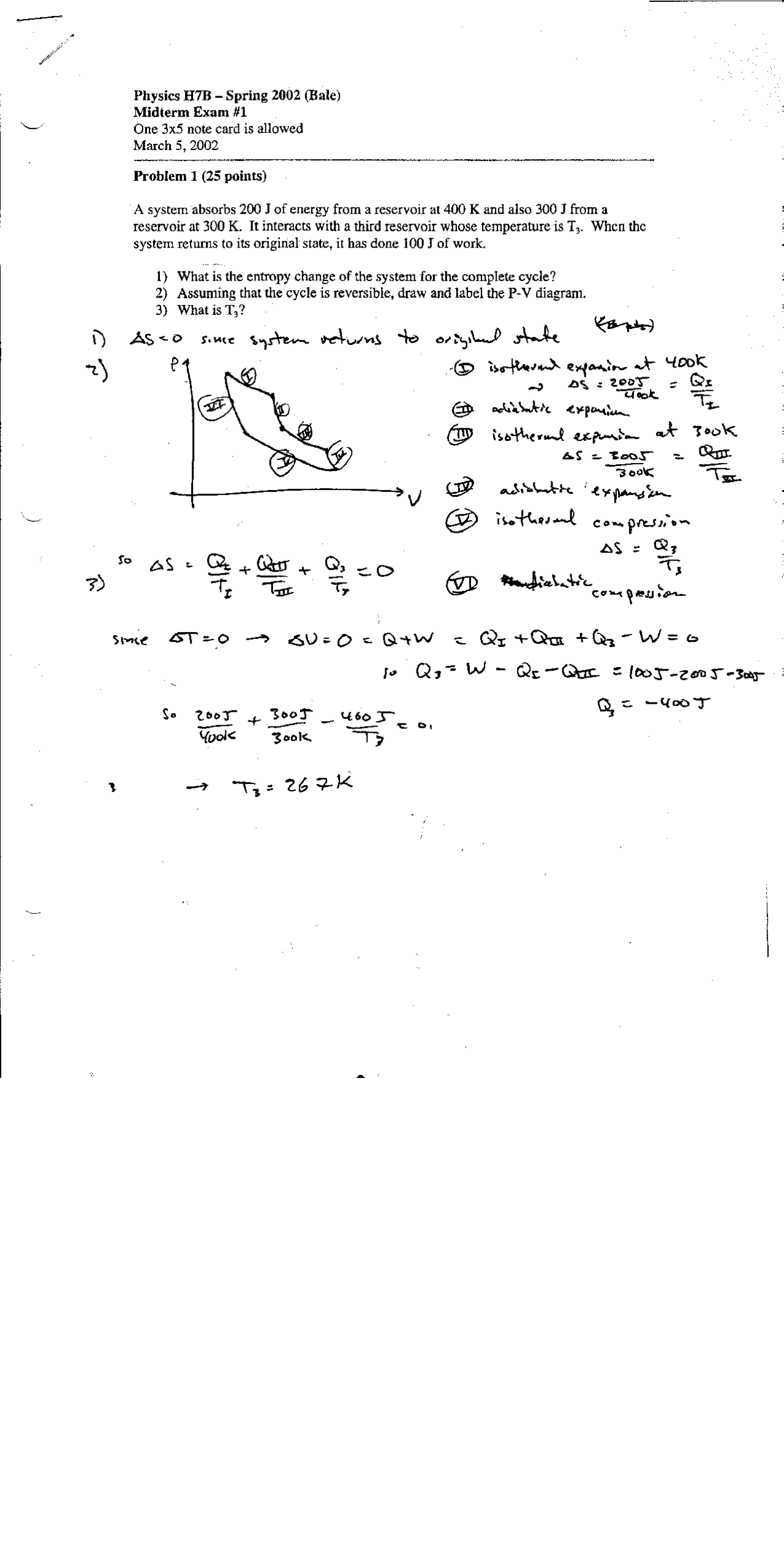 Entropy Change - Honors Physics for Scientist and Engineers - Solved Exam - Docsity