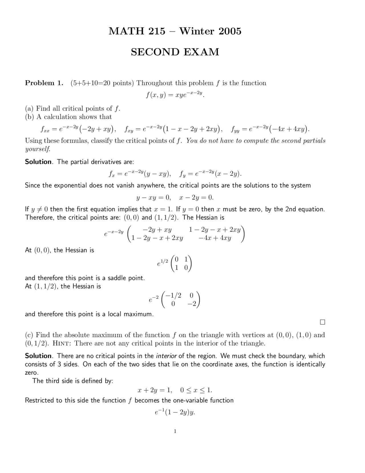 Critical Points Multivariable Calculus Solved Past Paper Docsity