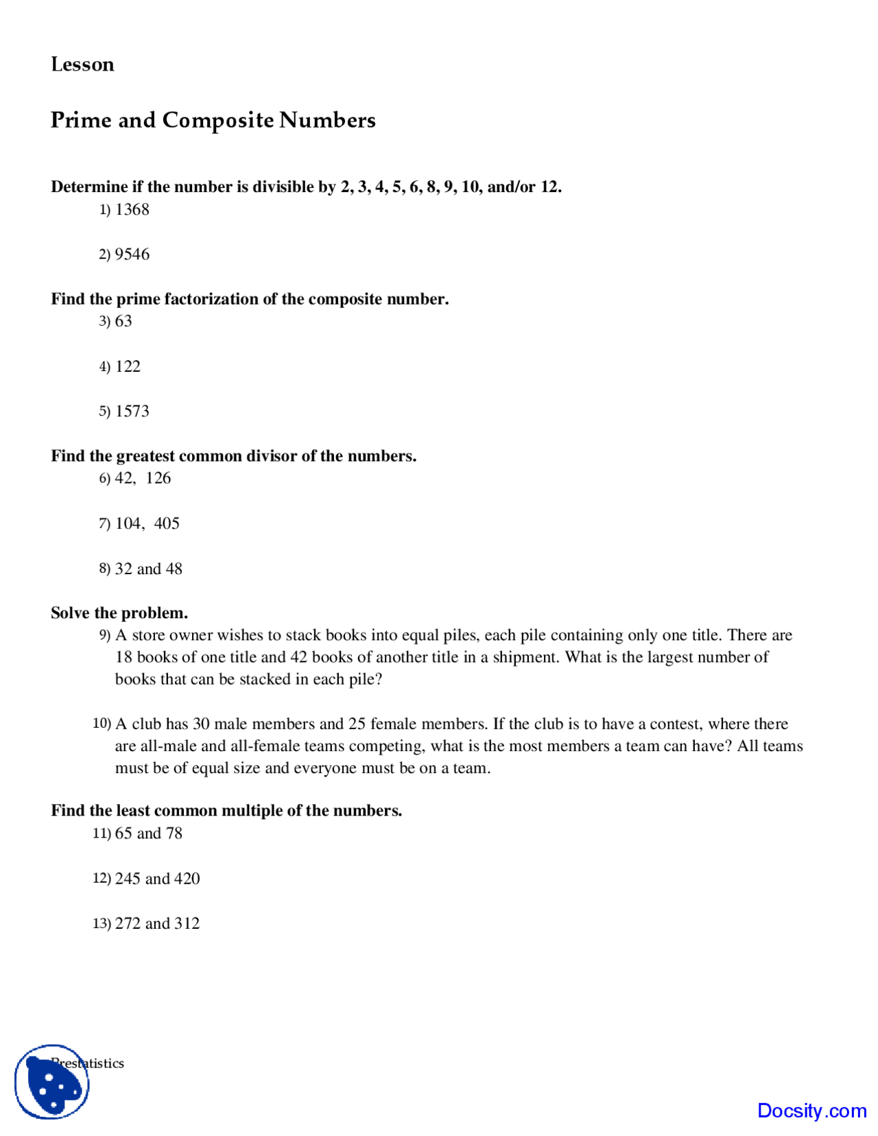 Prime and Composite Numbers - Statistics - Exercise - Docsity