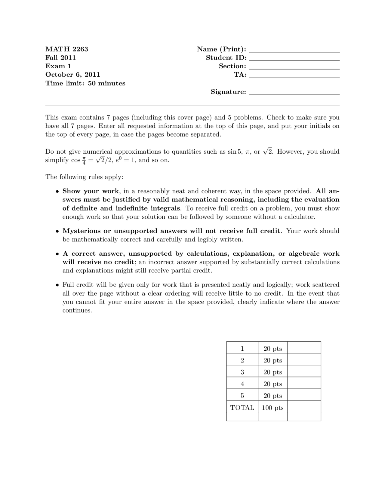 First Partial Derivatives Multivariable Calculus Past Paper Exams