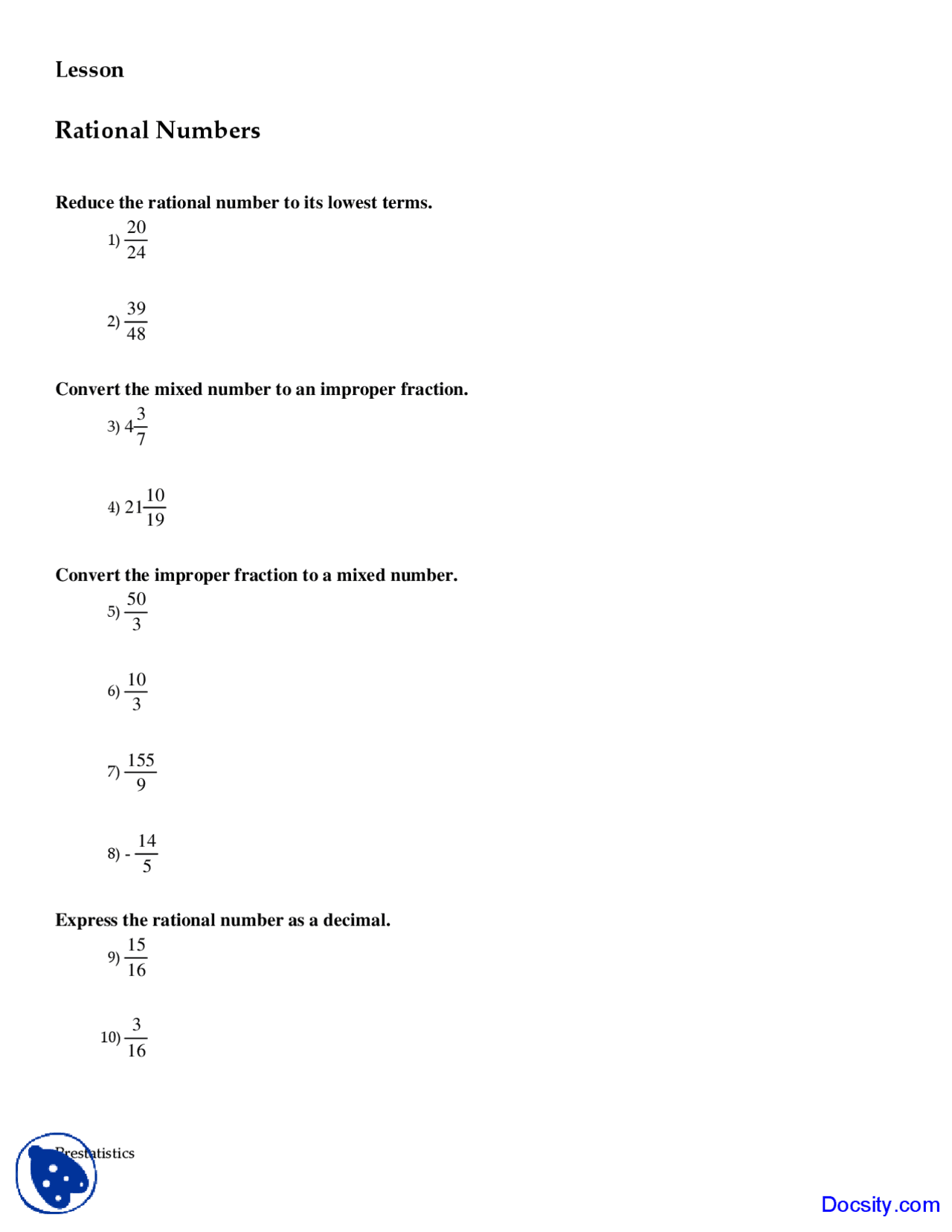 Rational Numbers - Statistics - Exercise | Exercises Statistics | Docsity