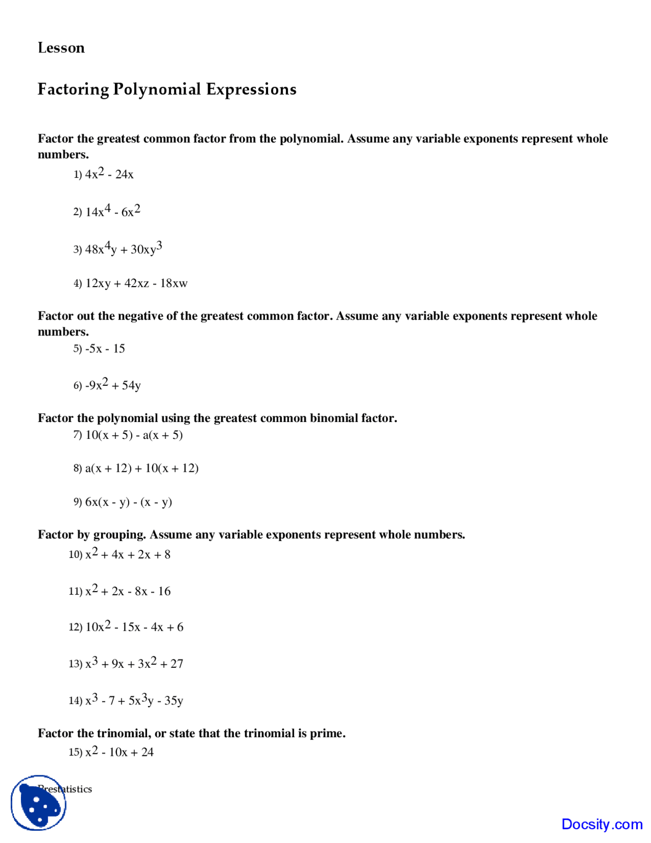 Factoring Statistics Exercise Docsity