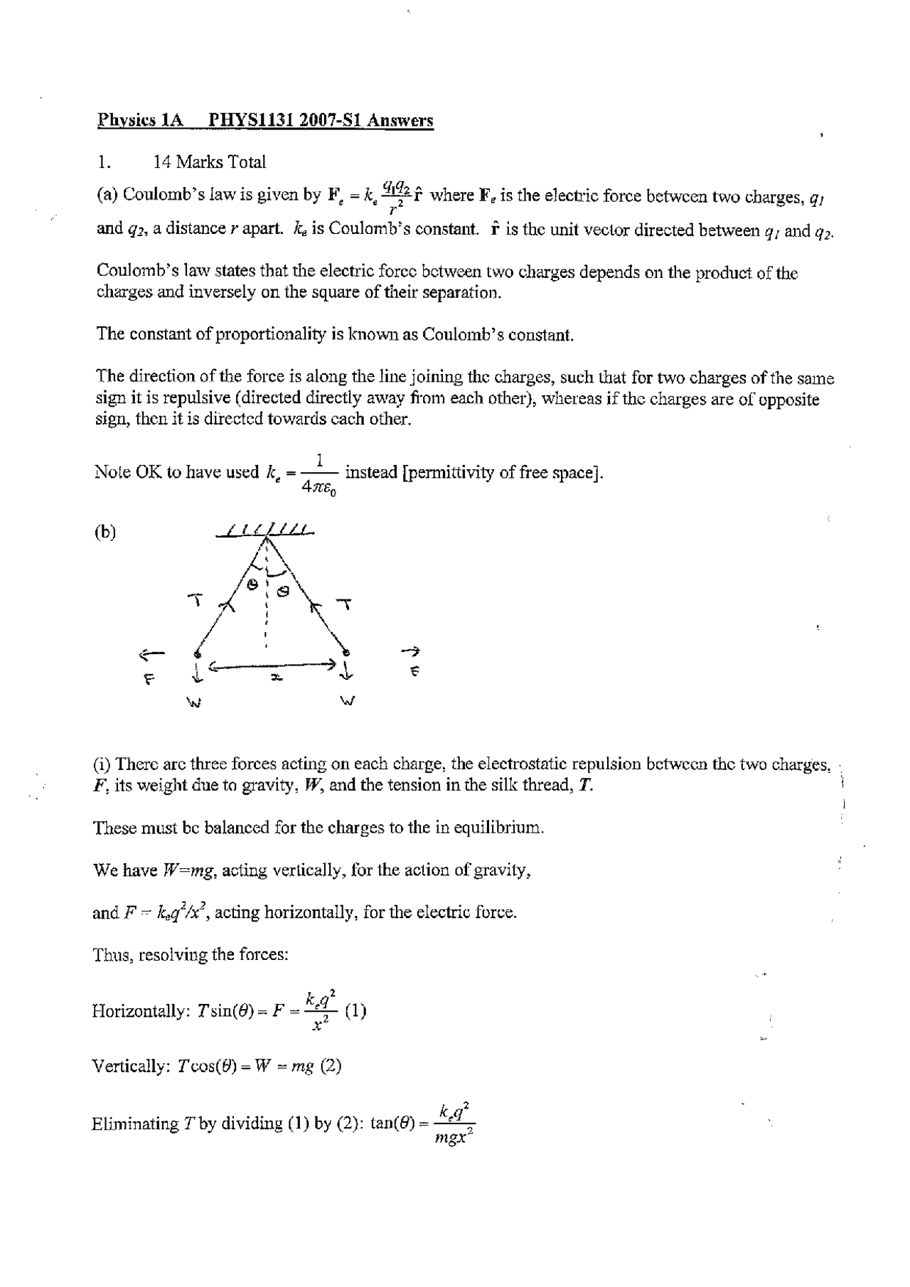 Coulomb Law - Higher Physics - Past Paper | Exercises Physics | Docsity