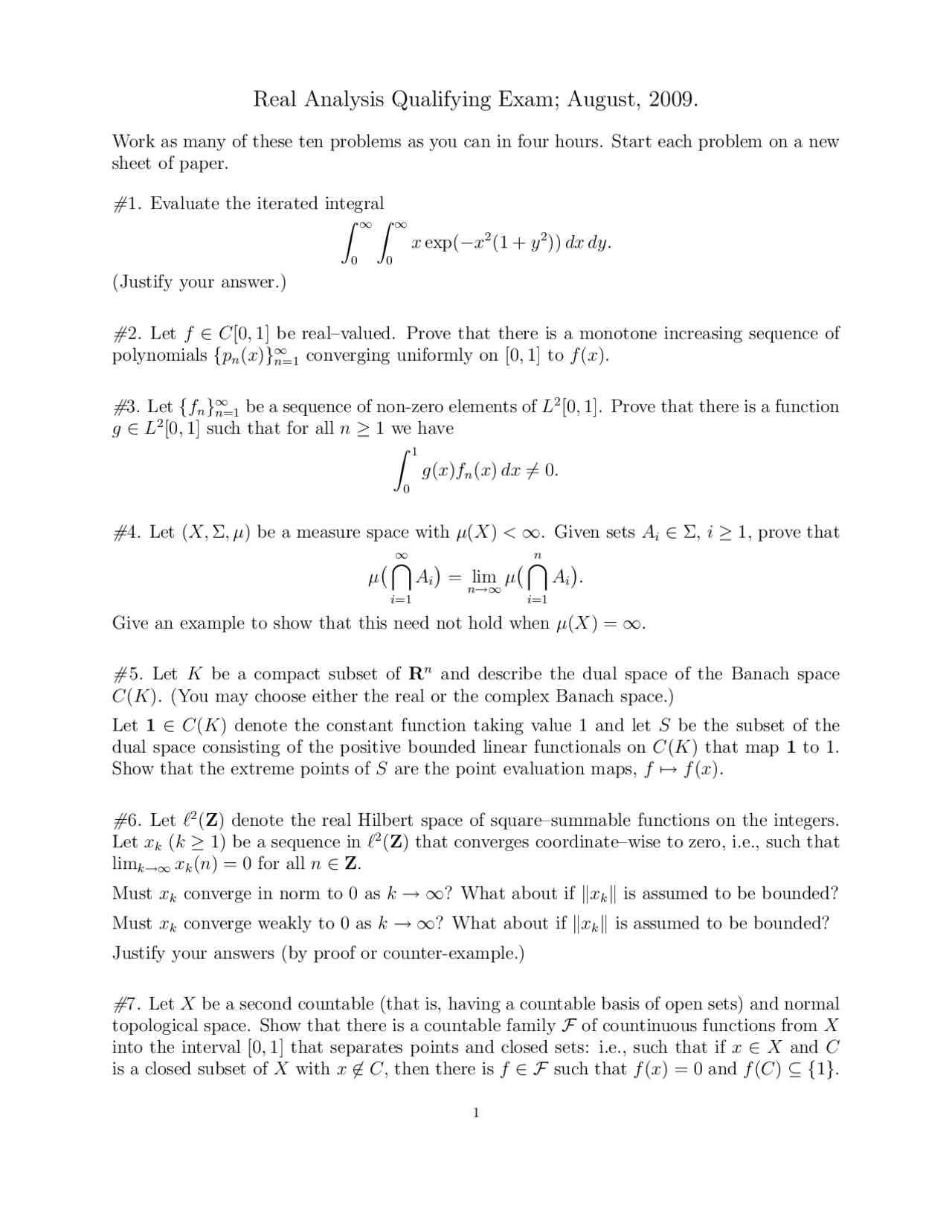 Interated Integral Real Analysis Exam Docsity