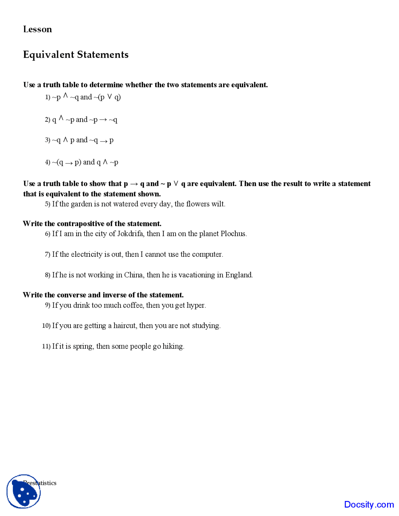 Equivalent State Statistics Exercise Docsity